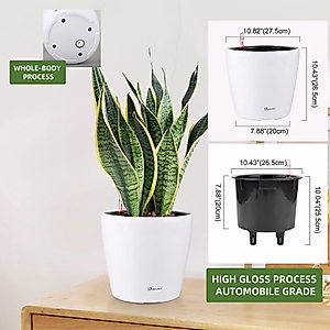 Dexceder 11x10 Inches High Gloss Self Watering Planter Indoor Outdoor, Inner Pot Design, Thickened Table Flower Plant Pot with Water Level Indicator (White)