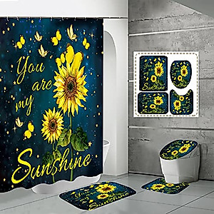 Ochine Sunflower Shower Curtain Sets with Rugs 4PCS, Quotes Butterfly Sunflower Bathroom Decor Sets with Non-Slip Rug, Toilet Lid Cover and Bath Mat, Shower Curtain Sunflower with 12 Hooks