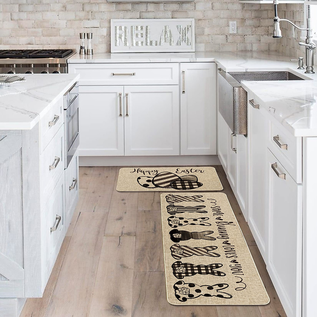 Artoid Mode Stripes Polka Dot Eggs Bunny Happy Easter Kitchen Mats Set of 2, Home Decor Low-Profile Kitchen Rugs for Floor - 17x29 and 17x47 Inch