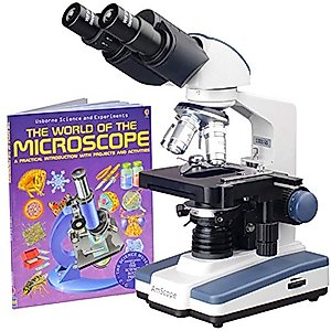 AmScope B120C-WM Siedentopf Binocular Compound Microscope, 40X-2500X Magnification, Brightfield, LED Illumination, Abbe Condenser, Double-Layer Mechanical Stage, Includes Book