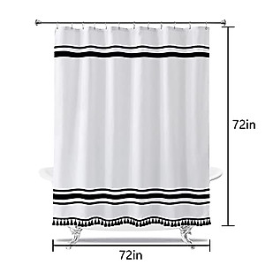 Seasonwood Black and White Shower Curtain Farmhouse Shower Curtain Striped Shower Curtain for Bathroom Sets Boho Shower Curtain with Tassels Modern Bathroom Curtains Decor Waterproof Fabric 72"x72"