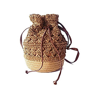 N/C Handwoven Rattan vintage purse Bag Bucket bag Natural Chic Casual Handbag Beach Sea tote Basket Straw shoulder Bag (Light Brown)