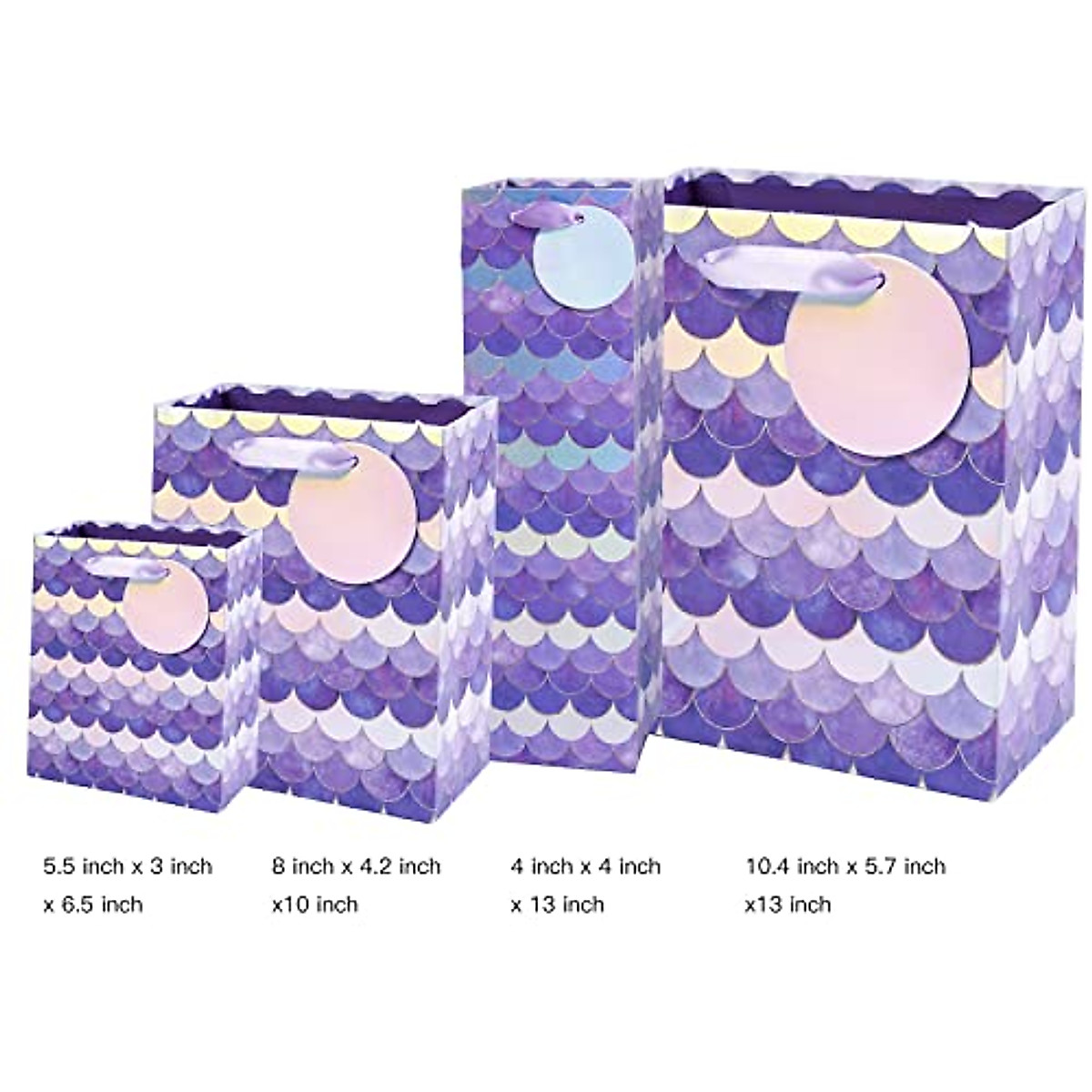 MAYPLUSS Gift Bags Set - 4 Pack - Purple & Silver Fish Scales With Purple Tissue Paper for Mermaid Party, Birthday, Wedding and more
