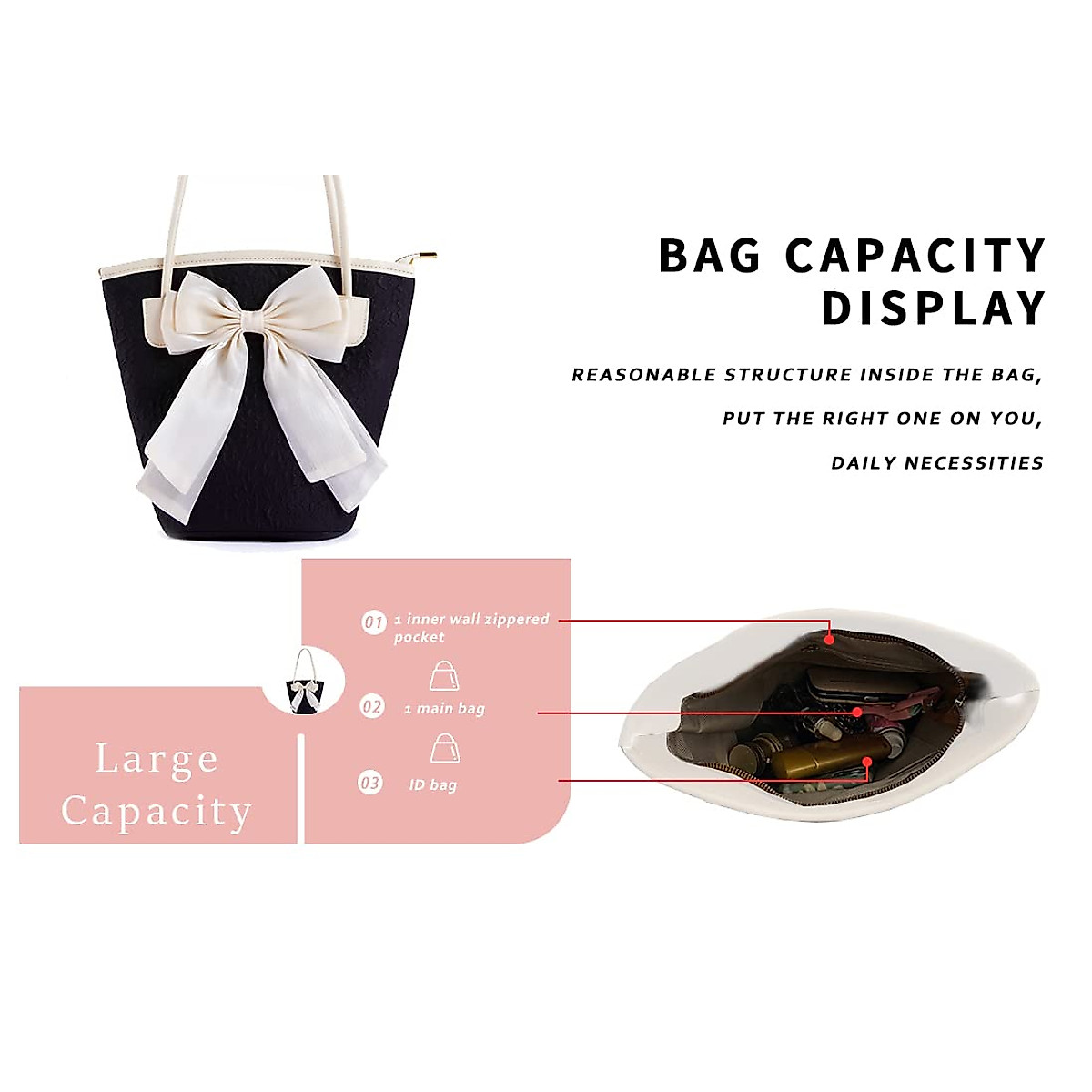 XMLIZHIGU PU Leather Purse for Womens Handbag Top Handle Shoulder Bag Tote Bucket Bag Bow Bag Black HDJ02