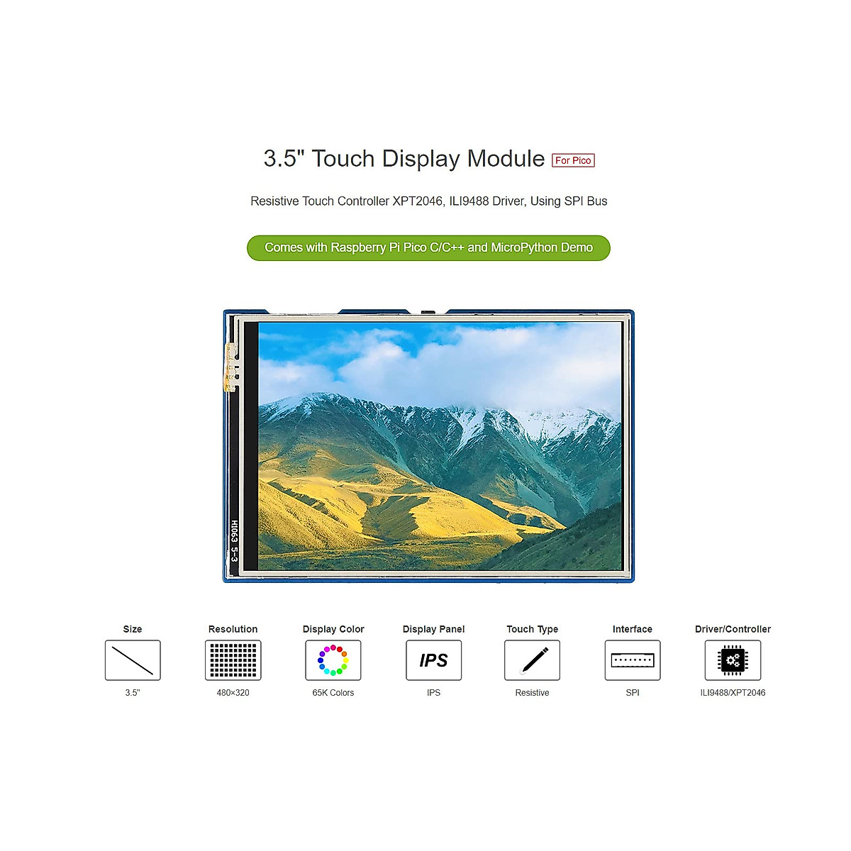 waveshare 3.5inch Touch Display Module for Raspberry Pi Pico 65K Colors 480×320 Pixels Resistive Touch Controller XPT2046 ILI9488 Driver Using SPI Bus