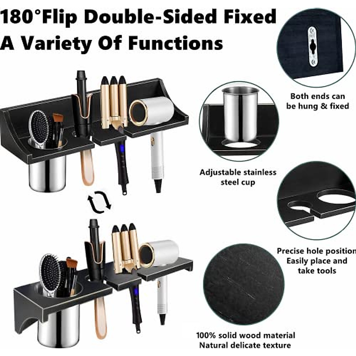 Hair Dryer Holder Wall Mounted Blow Holder Bathroom Hair Tool Organizer, Hair Styling Care Tool Organizer, Rustic Wood Beauty Appliance for Flat Iron, Curling Wand, Hair Straighteners, Brushes（Black）