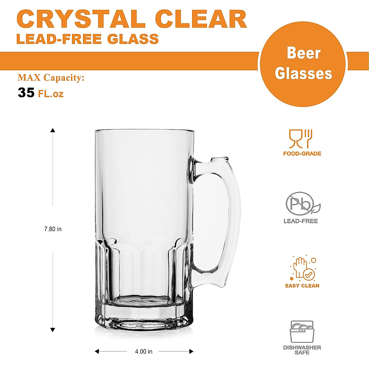 35 OZ Beer Mugs,Heavy Large Beer Glasses with Handle,Classic Beer Mug glasses,Style Extra Large Glass Beer Stein Super Mug