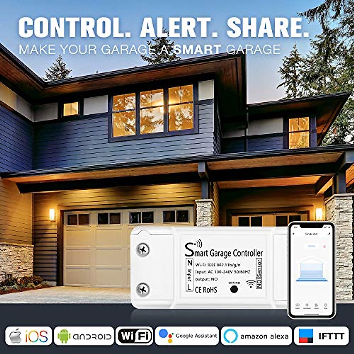 AGSHOME Smart Wi-Fi Garage Door Opener Remote, APP Control, Compatible with Alexa, Google Assistant, No Hub Needed with Smartphone Control