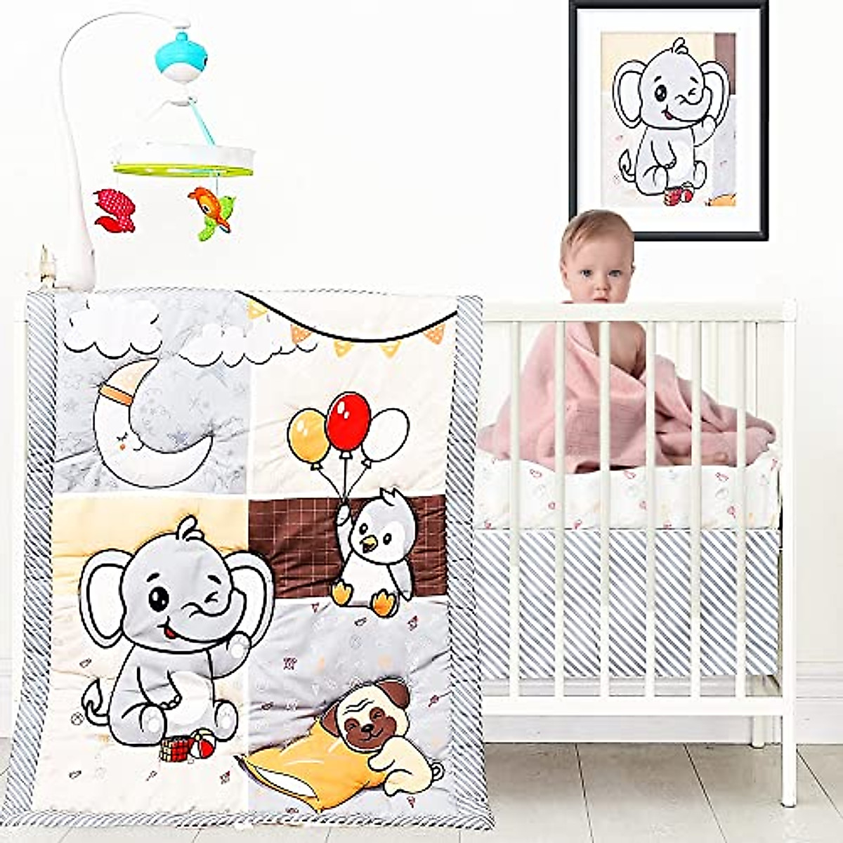 Orange Infinity 4 Piece Dreamland Crib Bedding Sets for Boys and Girls for Standard Size Crib | Nursery Baby Bedding Set of Crib Fitted Sheet, Crib Quilt, Dust Ruffle & Pillow Case, Grey