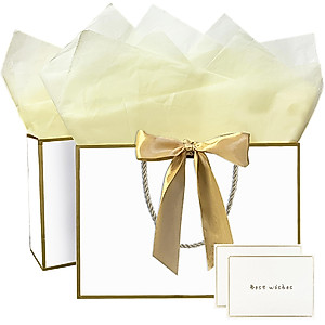 Gfractolux Gift Bags Medium, 2 Pack Gift Bags with Tissue Paper and Cards, Gift Bags with Handles for Birthdays, Baby Shower, weddings, Party Favor, Holiday Presents 11"X7.9"X3.9" (White and Gold)