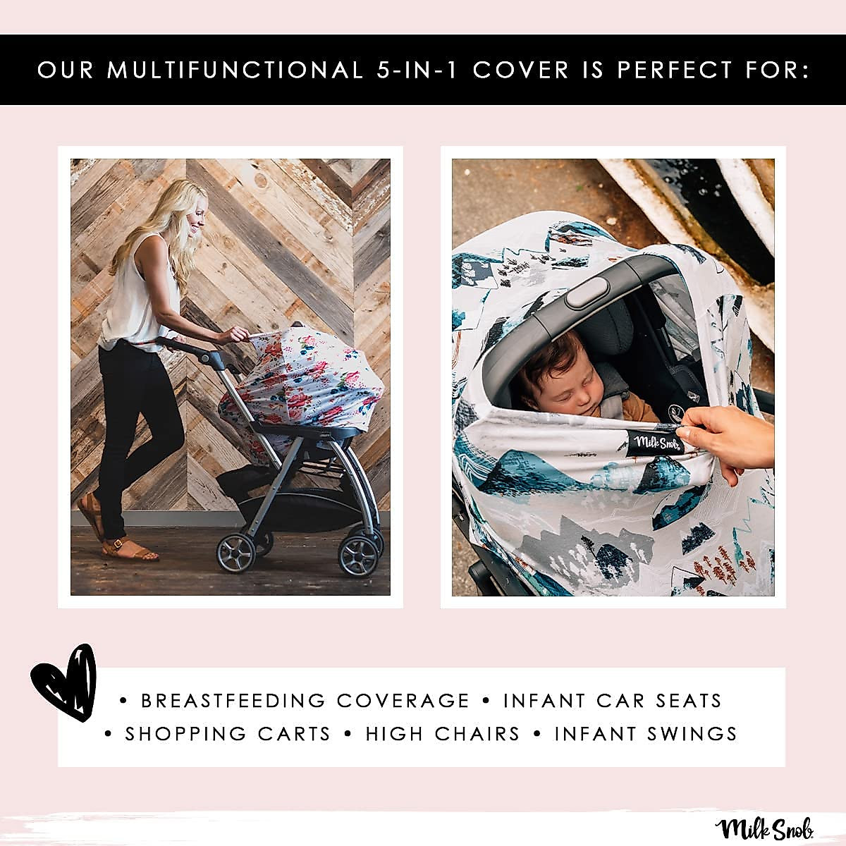 Milk Snob Original 5-in-1 Cover - Added Privacy for Breastfeeding, Baby Car Seat, Carrier, Stroller, High Chair, Shopping Cart, Lounger Canopy - Newborn Essentials, Nursing Top, Hampton Rose
