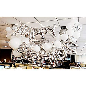 Silver Happy Birthday Balloons Banner White And Silver Confetti Balloons for Birthday Party Decorations