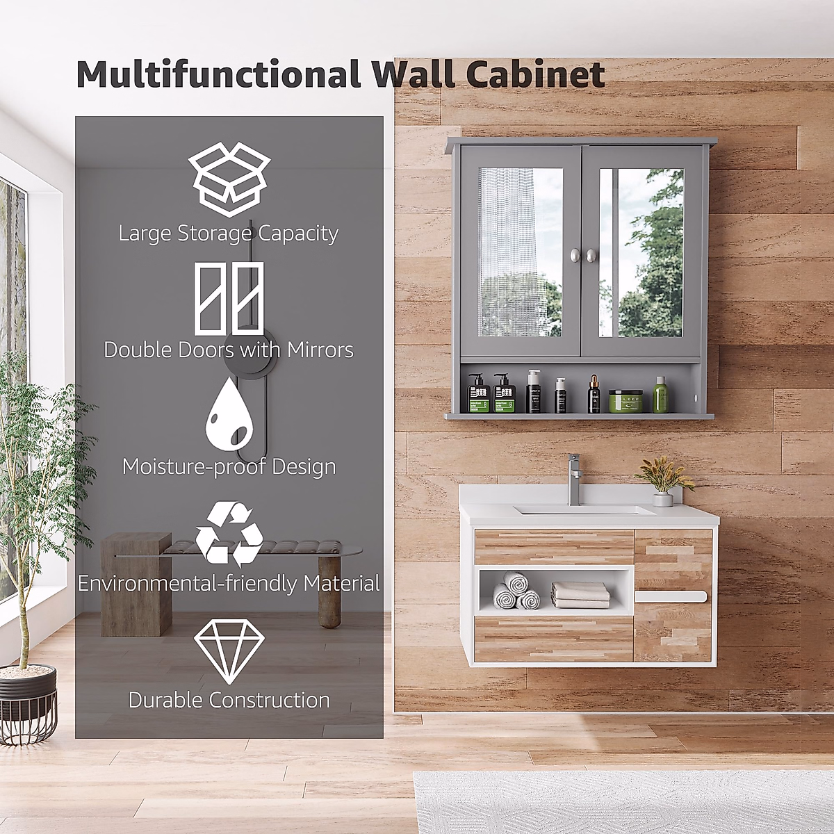 Lifetime Home Modern Bathroom Wall Cabinet with Mirror & Adjustable Shelf - Wall Mounted Utility Medicine Cabinet for Kitchen, Living Room Garage Laundry Room - Wooden Storage Over Sink Toilet