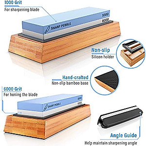 Sharp Pebble Premium Whetstone Knife Sharpening Stone 2 Side Grit 1000/6000 Waterstone- Whetstone Knife Sharpener- NonSlip Bamboo Base & Angle Guide