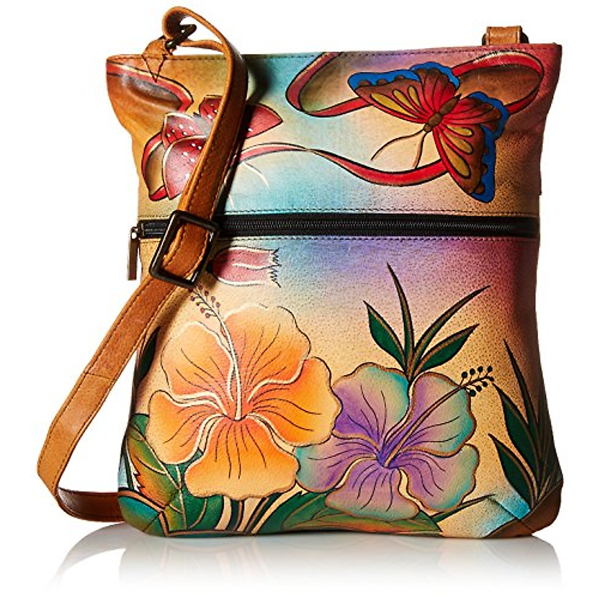 Anna Anuschka Slim Crossbody Bag | Genuine Leather | Antique Hibiscus