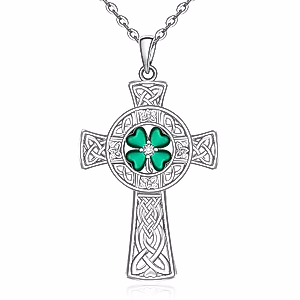 St Patricks Day Necklace Shamrock Necklace Celtic Cross Four Leaf Clover Necklaces for Women Sterling Silver Irish Shamrock Pendant Green 4 Leaf Clover Jewelry Lucky Gifts