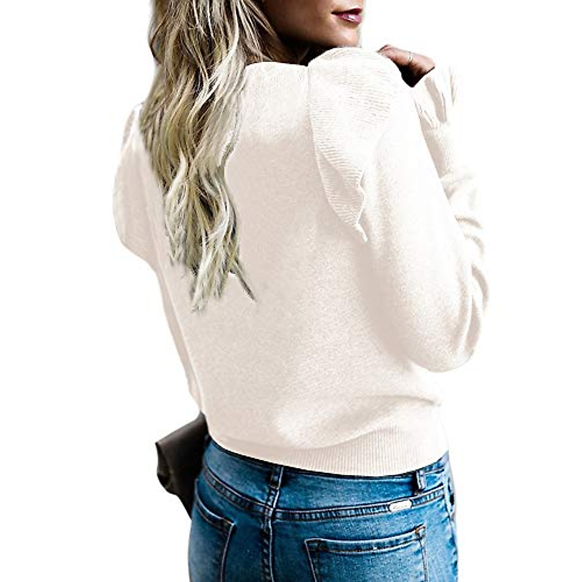 Valphsio Women's Long Sleeve Rib Ruffle Front Sweater Crewneck Puff Shirt Pullover Cute Tops (Large, White)