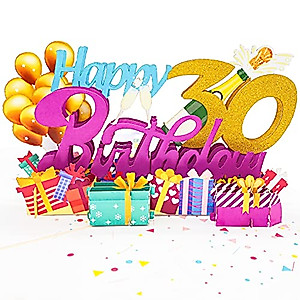 Liif Happy 30th Birthday 3D Greeting Pop Up Card, 30th Birthday Card For Him, Her, Women, Funny, Celebrations, Congrats, Thirty, Balloons, Champagne | With Message Note & Envelop | Size 8" x 6"