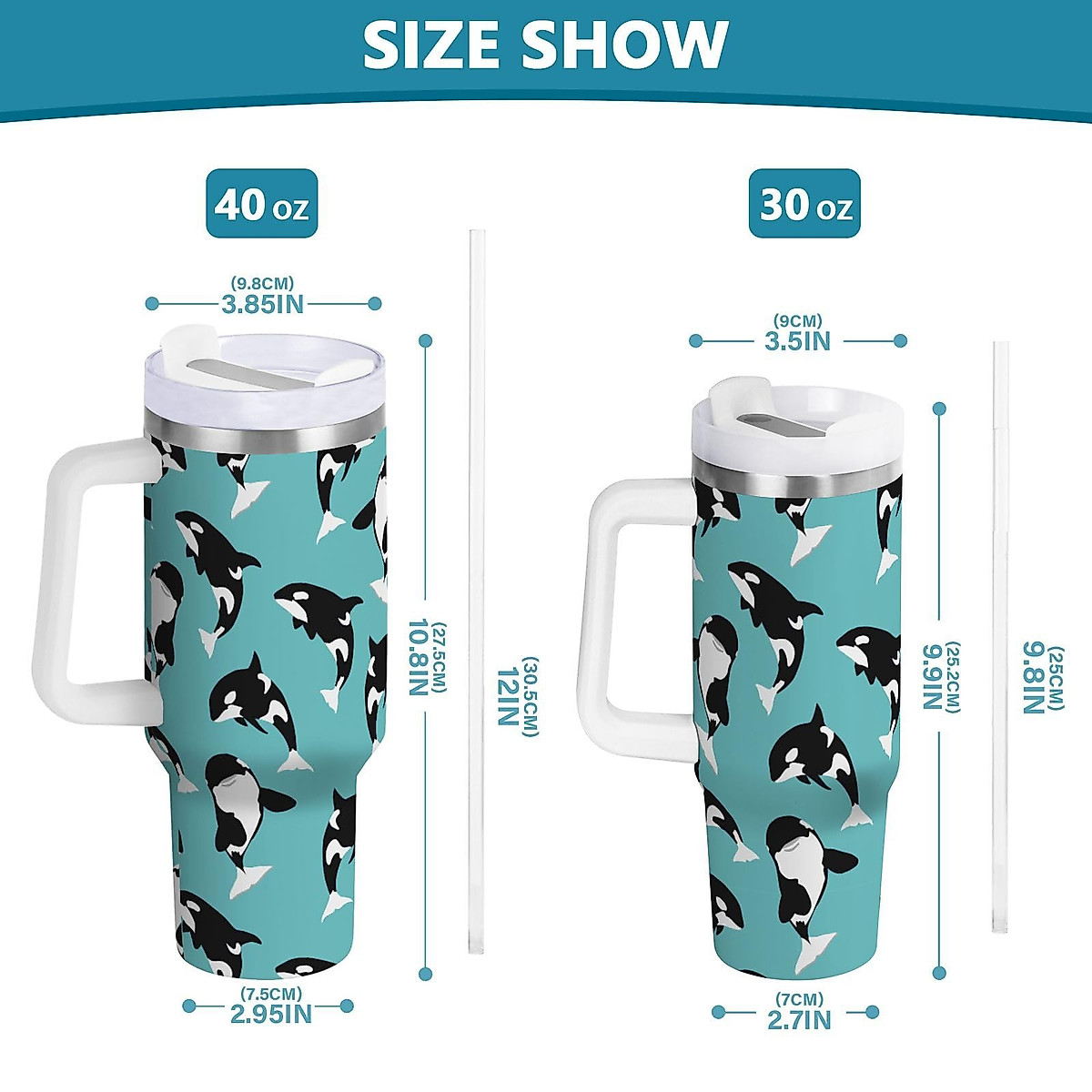 KEEPREAL 40 oz Killer Whale Pattern Tumbler with Handle, Insulated Sports Water Bottle with Lid and Straw, Thermal Stainless Steel Travel Coffee Mug Cup