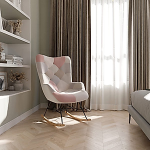 BELLEZE Colorful Patchwork Rocking Chair, Widen Nursery Rocking Chairs Comfy Linen Upholstered Glider Rocker with Solid Wood Legs for Living Room Bedroom Nursery - Paramount (Patchwork B)