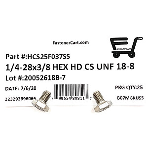 1/4-28x3/8 Stainless Steel Hex Cap Screws FT Hex Bolts 18-8 (UNF) FINE Thread - (25 pcs)
