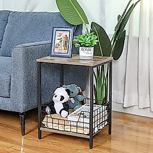 2-Tier Record Player Table, Industrial Retro Side Table Nightstand Small End Table for Living Room Bedroom Kitchen Office Small Spaces, Record Player Stand with Record Album Storage-Rustic Brown