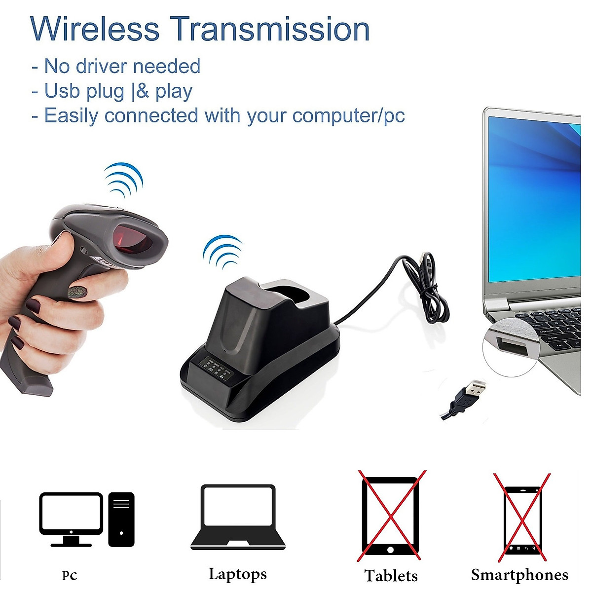 LS-PRO Wireless Barcode Scanner with USB Cradle Receiver Charging Base, 2.4GHz Handheld 1D Cordless Laser Barcode Reader, UP to 150Ft Transmission Range, long-life Battery 2200mAh, 1 Year Warranty.