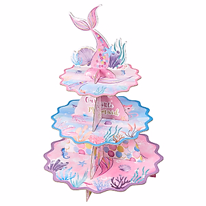 WERNNSAI Mermaid Cupcake Stand - Watercolor Mermaid Party Decorations for Girls 3 Tier Cardboard Cupcake Stand Holder Dessert Tower Ocean Birthday Party Supplies Baby Shower Round Serving Tray Stand