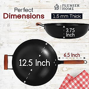 Flumier Home – Carbon Steel Wok – Flat Bottom with Detachable Handle, Bamboo Lid & Spatula – Non Stick Pan for all Type of Stoves 12.5 inch (Black)