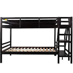 DEYOBED Twin Over Full Wooden Bunk Bed with Storage Staircase and Cabinets for Kids Teens