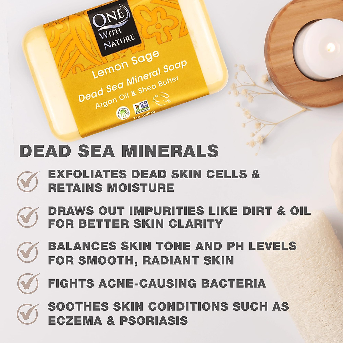 One With Nature Dead Sea Mineral Salt Lemon Sage 7oz Soap 3Pk, Argan Oil & Shea Butter - Dead Sea Salt Contains Magnesium, Sulfur & 21 Essential Minerals - All Skin Types, Acne, Psoriasis, Eczema