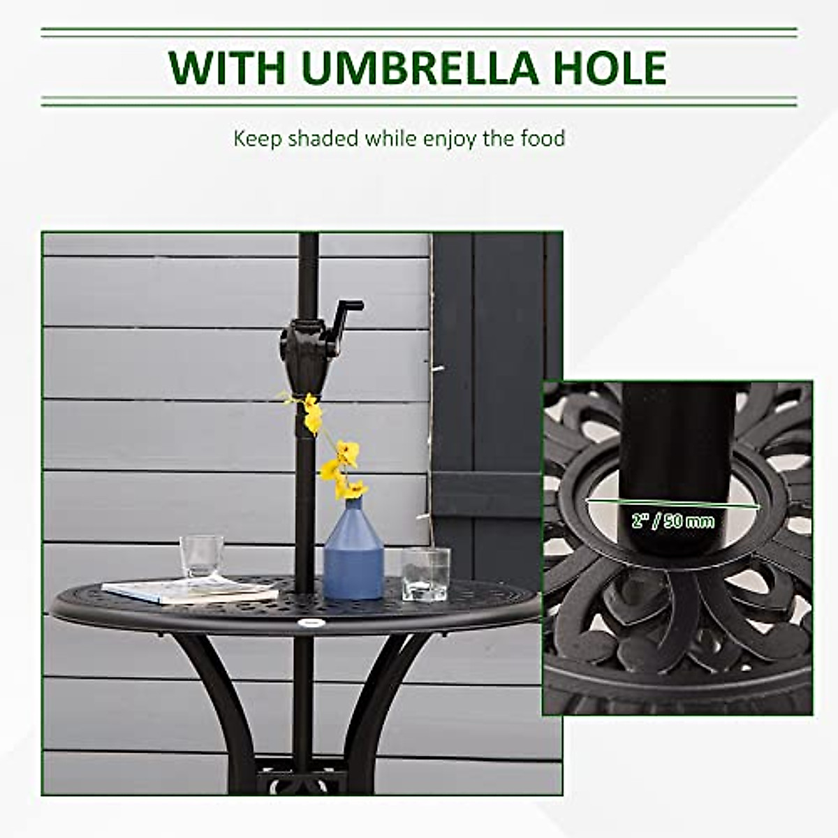 Outsunny 30" Round Patio Dining Table with Umbrella Hole, Antique Cast Aluminum Outdoor Bistro Table Only, Black