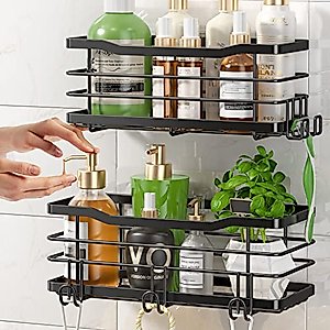 Adhesive Shower Caddy Bathroom Organizer, High Guardrail Shower Shelf for Inside Shower with 5 Hooks, No Drilling Shower Organizer Rustproof Stainless Steel Wall Mounted Shower Shelve - 2 Pack