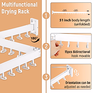 Yhaofu Clothes Drying Rack, Upgraded Dual-Directional Hooks Wall Mounted Clothes Drying Rack – Tri-Fold Retractable & Collapsible Laundry Hanger, Adjustable White Clothes Rack for Home & Apartment