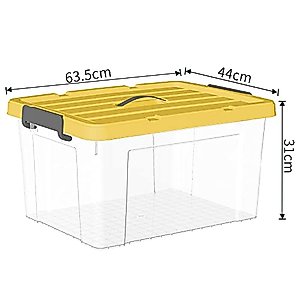 Cetomo 65L*3 Plastic Storage box, Tote box,Transparent Organizing Container with Durable yellow Lid and Secure Latching Buckles, Stackable and Nestable,3Pack