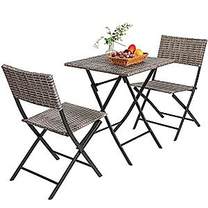 NURTUDIS 3pcs Folding Patio Bistro Set,Outdoor Rattan Bistro Table and Chairs,Wicker Outdoor Chair Furniture Set with 1 Table & 2 Chairs,No Assembly for Garden,Porch,Balcony,Courtyard,Lawn (Grey)