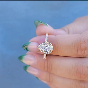 Aojun 14K Gold Vermeil S925 Sterling Silver Pear Shaped Cubic Zirconia Promise Halo Engagement Promise Eternity Ring for Women (Water Drop Gold, 5)