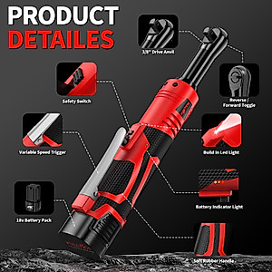 FULLYEA Electric Ratchet Wrench Set, 550 RPM Cordless Ratchet Wrench, 3/8" 18V Power Ratchet Tools with Variable Speed, LED Light, 7 Sockets, 2 Packs 2.0Ah Lithium-Ion Battery and Fast Charger