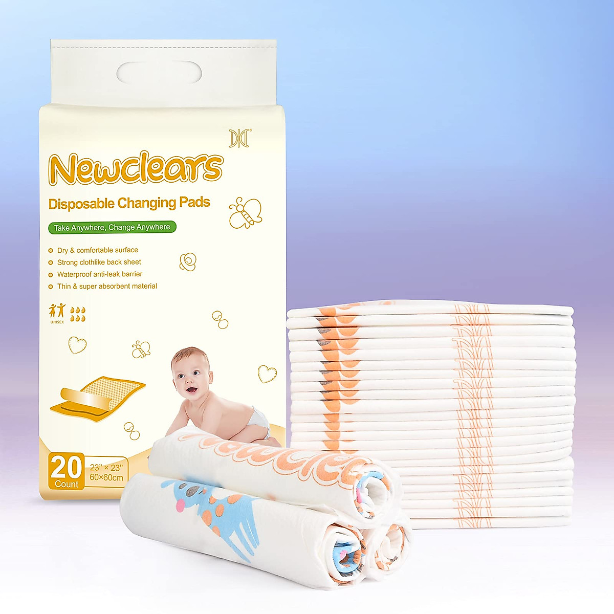 Newclears Baby Disposable Underpads Breathable Incontinence Diaper Changing Pads, 20 Count/Pack (23''x23'' - 6pack(120 Count))