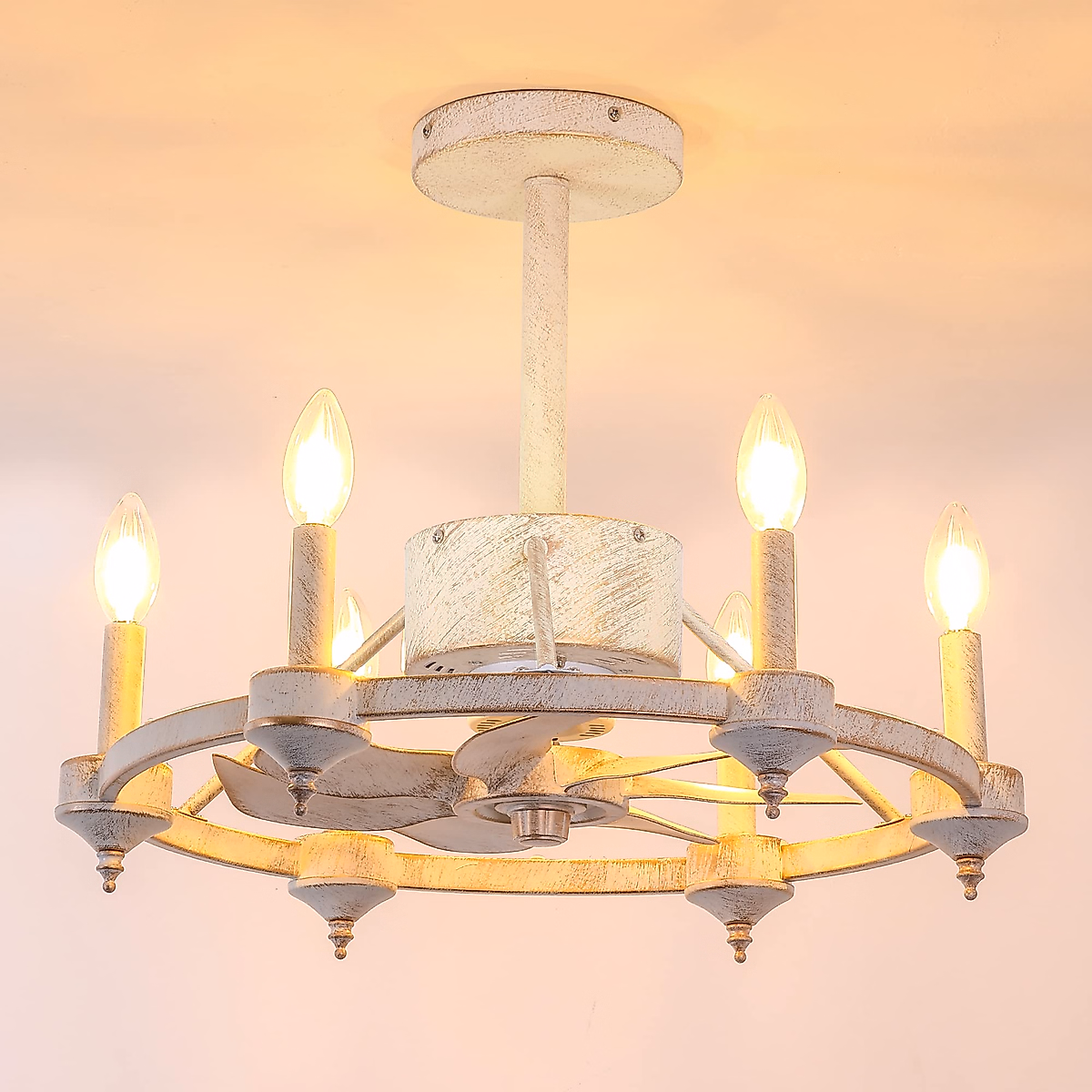 KINGTORO Rustic White Chandelier Ceiling Fans with Lights, 20.5" Wagon Wheel Chandelier,Adjustable Height,3 speeds,Fandelier with Lights and Remote for Kitchen Dining Room Living Room