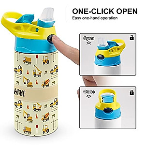 Mrokouay Custom Cartoon Excavator Car Kids Water Bottle with Straw Lid Personalized Add Your Text Stainless Steel Sports Water Bottles Customized Reusable Leak-Proof Toddlers Cup for School, Travel