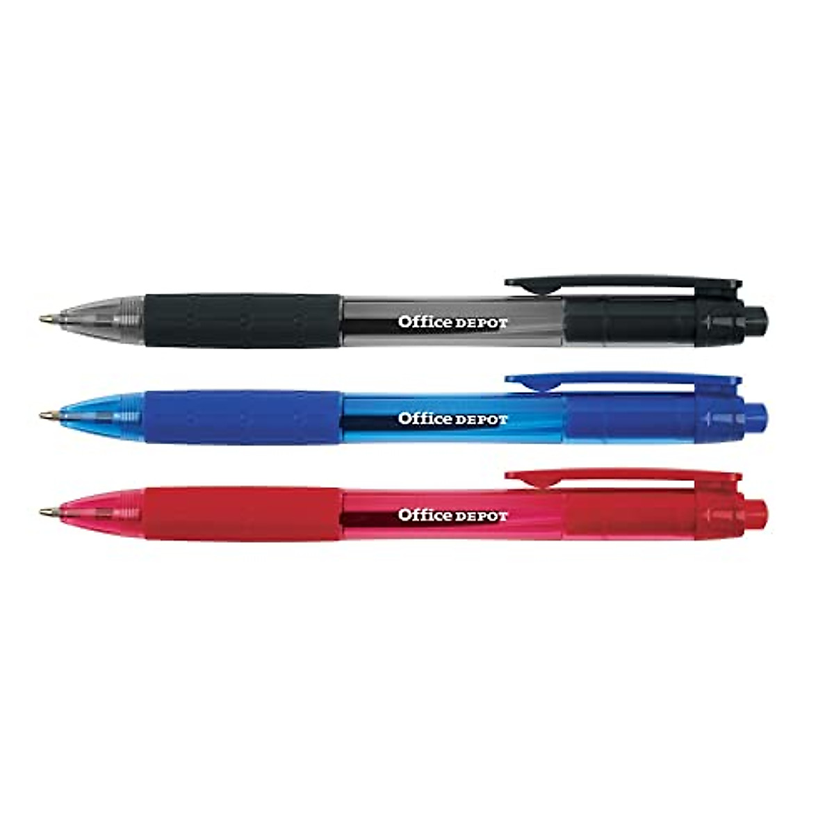 Office Depot® Retractable Ballpoint Pens With Grips, Medium Point, 1.0 mm, Black/Blue/Red Barrels, Black/Blue/Red Inks, Pack Of 50