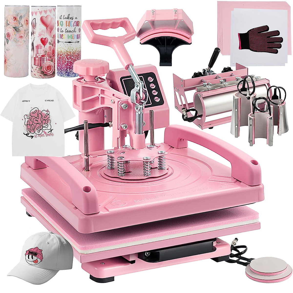 Leomru 8 in 1 Heat Press Machine 15x15 Inch, Heat Press Machine for T Shirts Hat Cap Mug Plate 360° Swing Away, Sublimation Heat Press Heat Transfer Machine W/ 30OZ Tumbler Press Pink