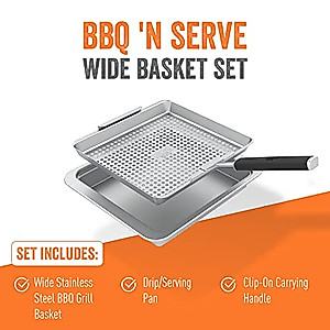 Yukon Glory BBQ 'N SERVE Wide Basket Set - BBQ Grill Basket - The Grilling Basket Includes a Serving Tray & Clip-On Handle - Perfect Grill Baskets for Outdoor Grill Vegetables or Fish Basket & Meat