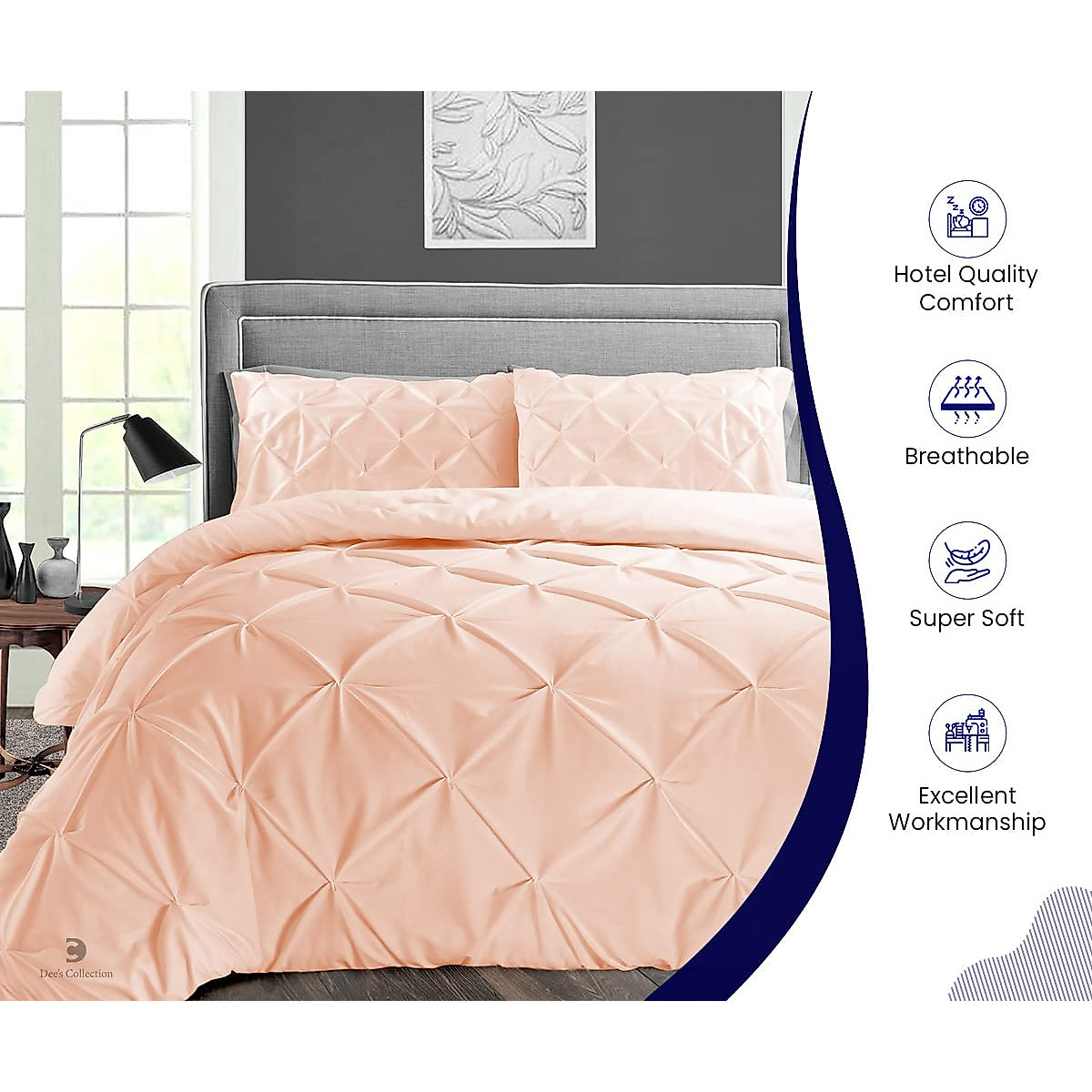 Dee's Collection Alaskan King Size Duvet Covers Egyptian Cotton 600 Thread Count Ultra Soft and Breathable 3 Piece Set Peach Pinch Quilt Cover with Zipper Closure & Four Corner Ties