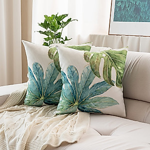 Green Tropical Leaves Throw Pillow Covers Set of 2 Decorative Monstera Palm Leaf Couch Pillow Case Botanical Plant Outdoor Pillow Covers Waterproof Fabric for Patio Bedroom Living Room, 18" x 18", C2