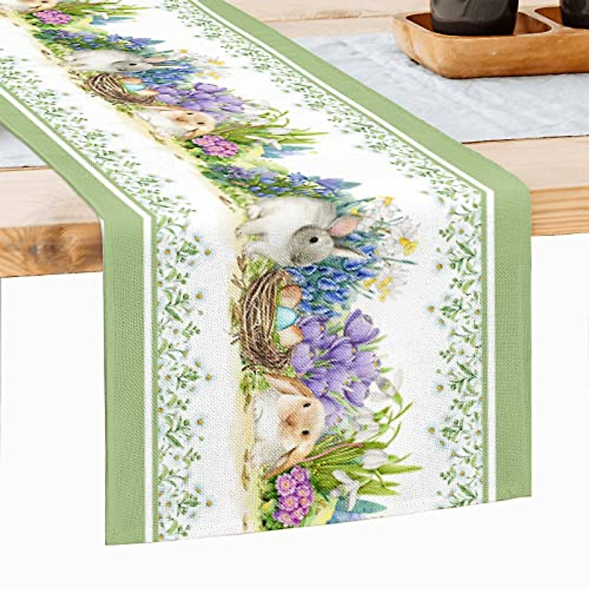 Easter Table Runner Spring Easter Eggs Bunny Runner for Table Decor Burlap Green Farmhouse Easter Decorations 72 Inches Long