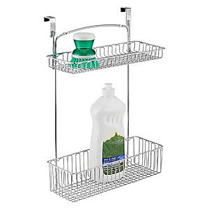 mDesign Steel Over Cabinet Kitchen Storage Organizer Holder or Basket - Hang Over Cabinet Doors in Kitchen, Pantry, Bathroom - Holds Dish Soap, Window Cleaner - Concerto Collection - Chrome
