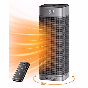 GAIATOP Space Heaters for Indoor Use, 1500W Portable Electric Heater, Quiet PTC Ceramic Heat with Thermostat, 5 Modes, Remote, 60° Oscillating, 12Hrs Timer, Powerful Wind for Bedroom Office Home