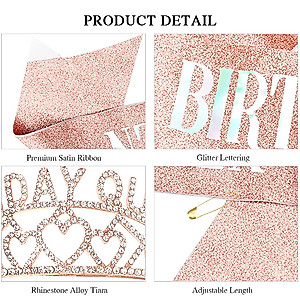 Birthday Crowns for Women, Didder Rose Gold Birthday Sash & Queen Rhinestone Tiara Kit, Tiaras and Crowns for Women Birthday Tiara for Women Girls Birthday Girl Crown for Gift Party Cake Toppers